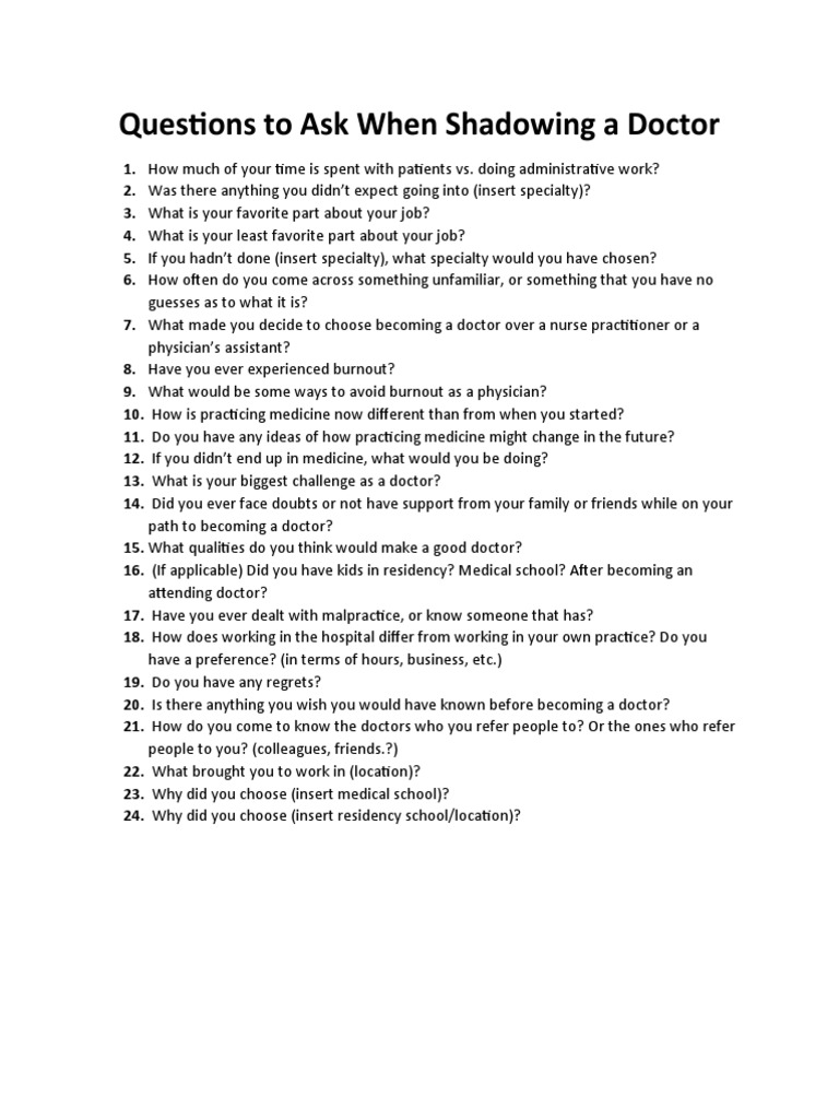 Essential Questions for Doctor Shadowing | PDF | Lifestyle