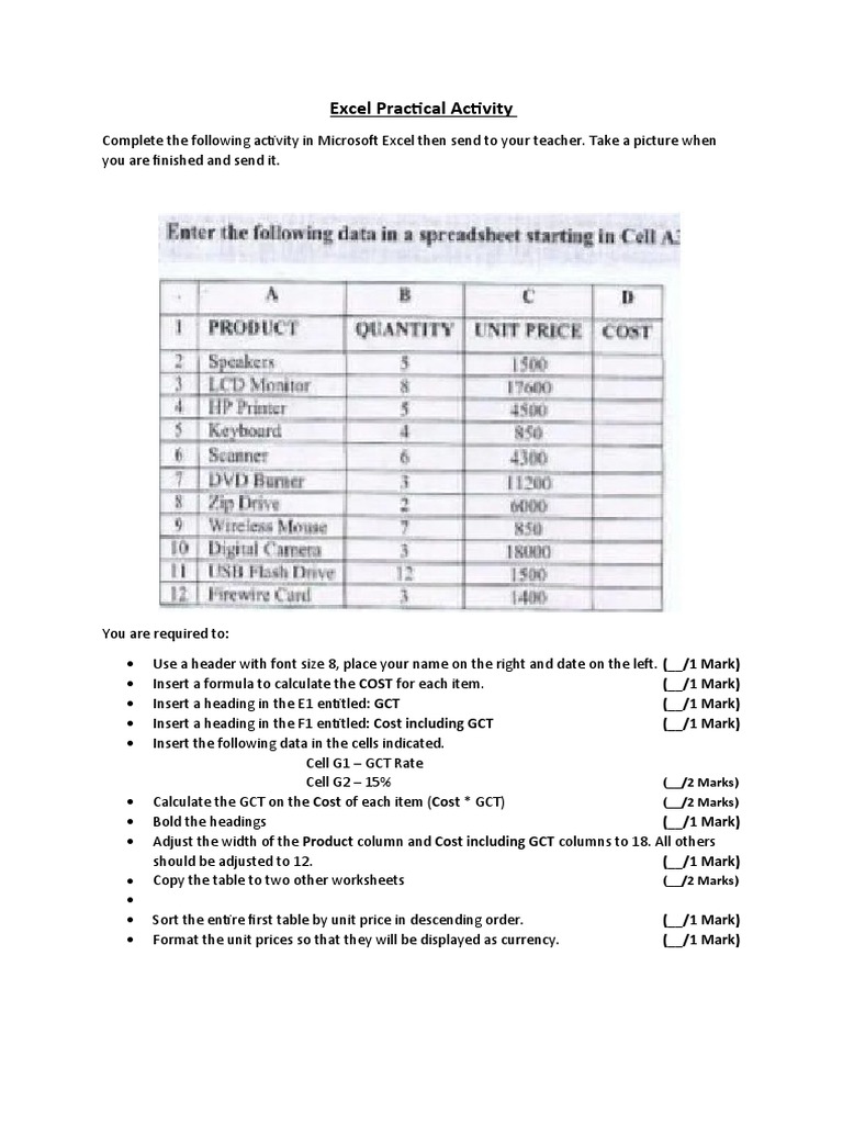 Excel Practical Activity | PDF