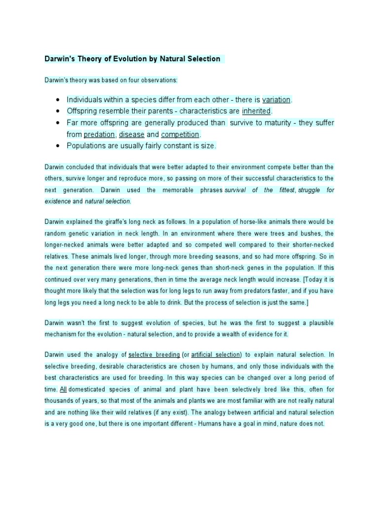 Darwin's Theory of Evolution by Natural Selection | PDF | Science ...