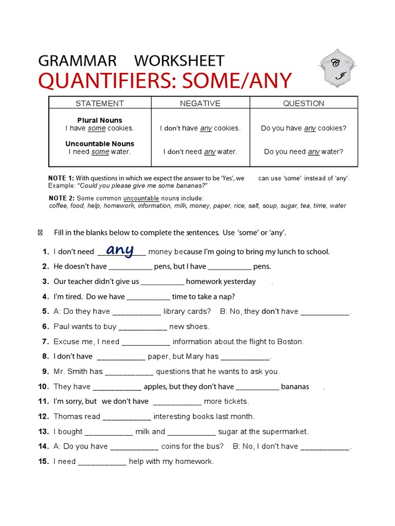 Quantifiers: Some/Any: Grammar Worksheet | PDF