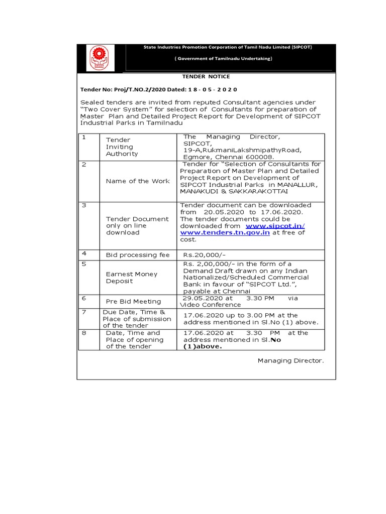 SIPCOT Industrial Parks Tender 2020 | PDF | Tamil Nadu | Government