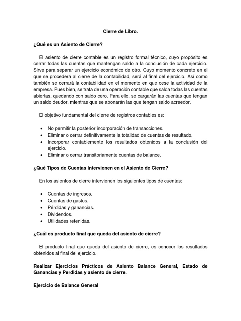 Asiento de Cierre Contable y Ejercicios | PDF | Contabilidad | Business