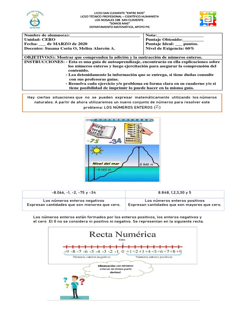 Guia 1, Numeros Enteros | PDF | Entero | Cognición