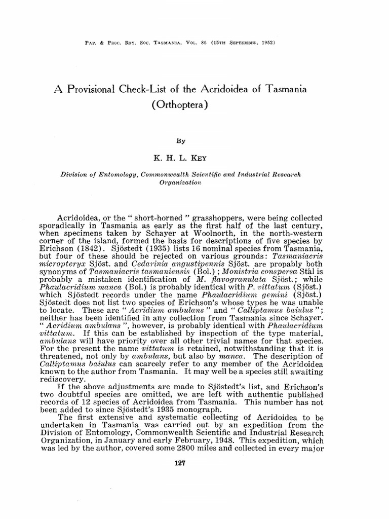 A Provisional of The Acridoidea of Tasmania (Orthoptera) | PDF ...