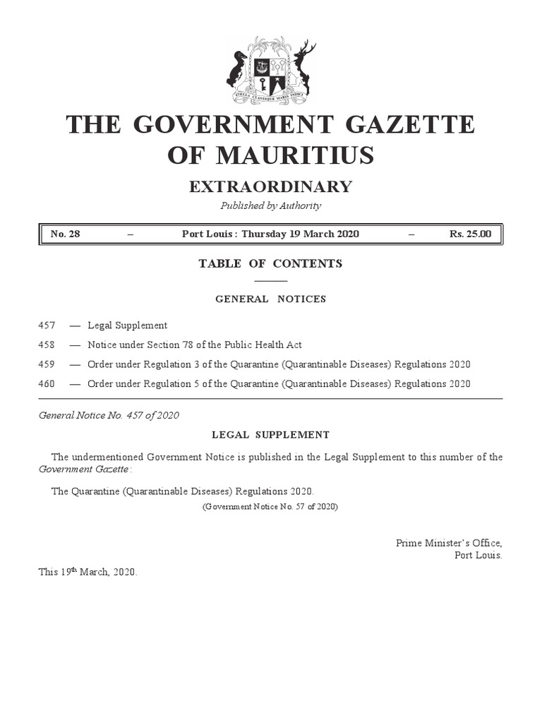 Mauritius Government Gazette | PDF | Quarantine | Public Health