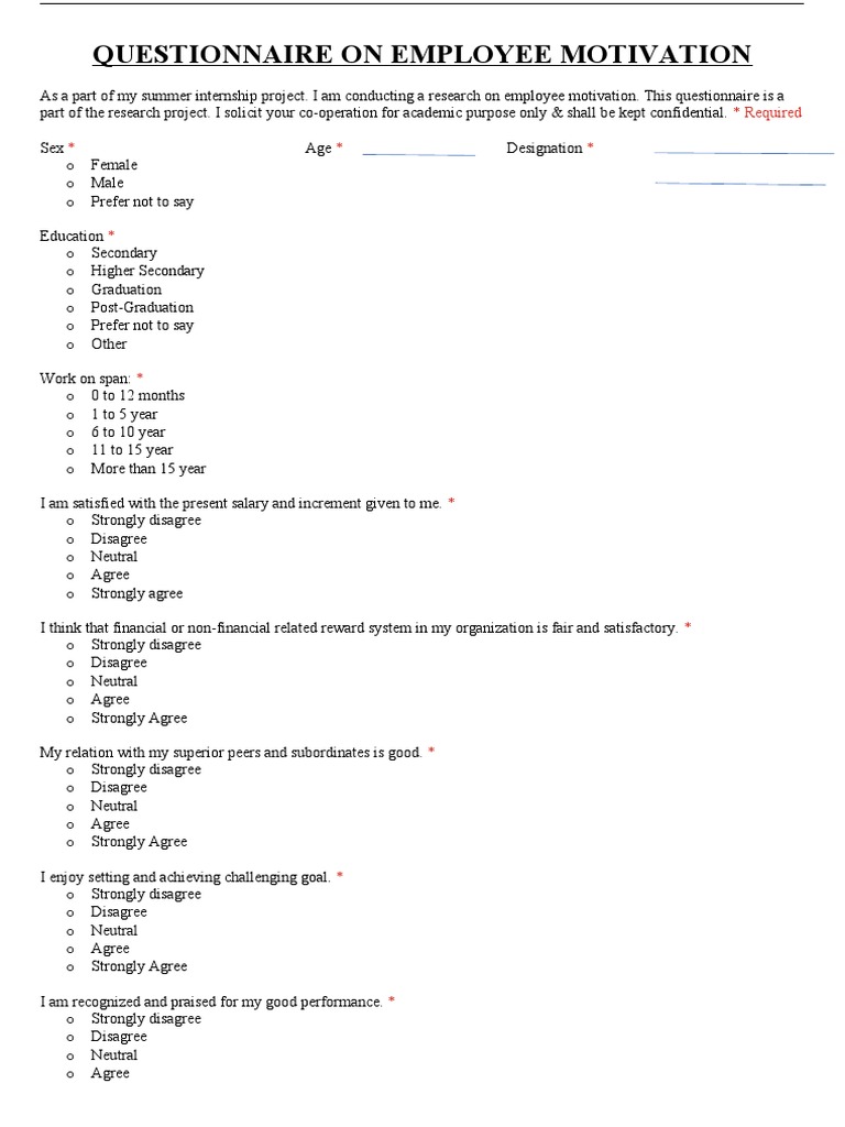 Questionnaire On Employee Motivation | Download grátis PDF | Motivation ...