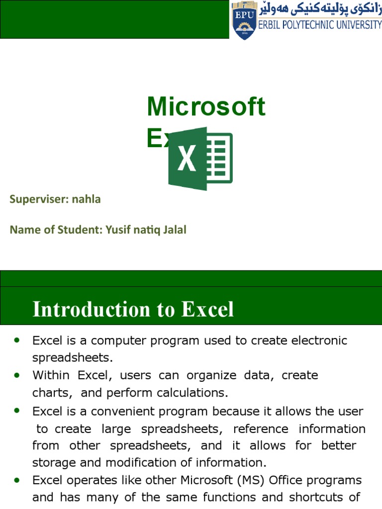 Microsoft Excel: Superviser: Nahla Name of Student: Yusif Natiq Jalal ...