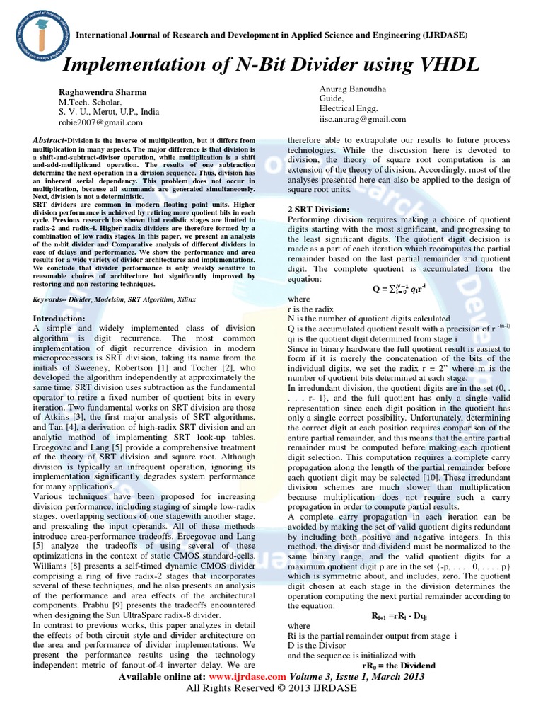 Implementation of N-Bit Divider Using VHDL: Abstract | PDF | Division (Mathematics) | Numbers