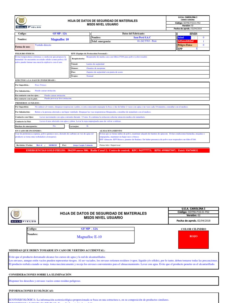 Hoja de Seguridad Magnafloc 10 PDF | PDF | Agua | Química