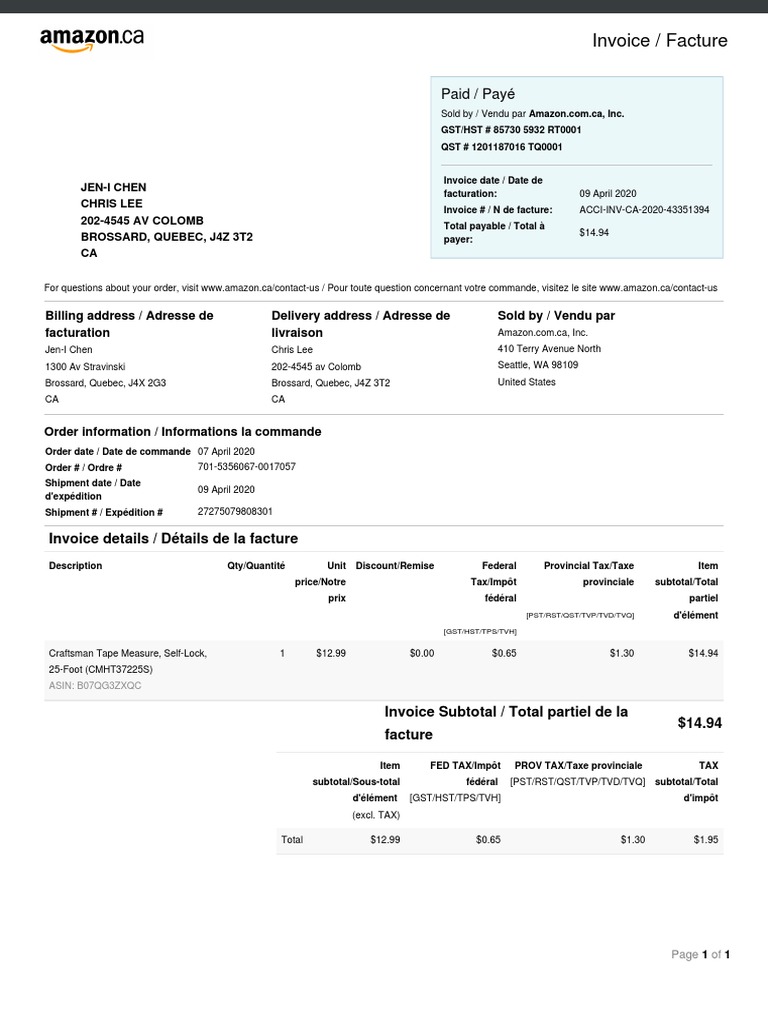 Invoice / Facture: Jen-I Chen Chris Lee 202-4545 AV COLOMB Brossard ...