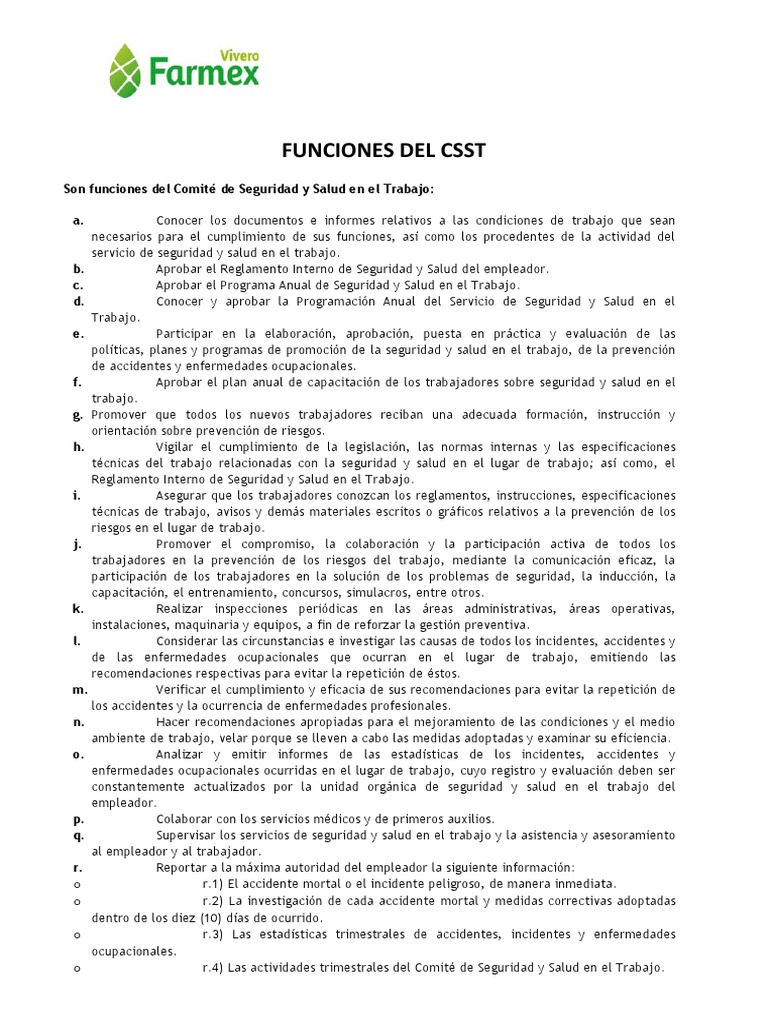 Funciones Del CSST | PDF | Seguridad y salud ocupacional | Bienestar