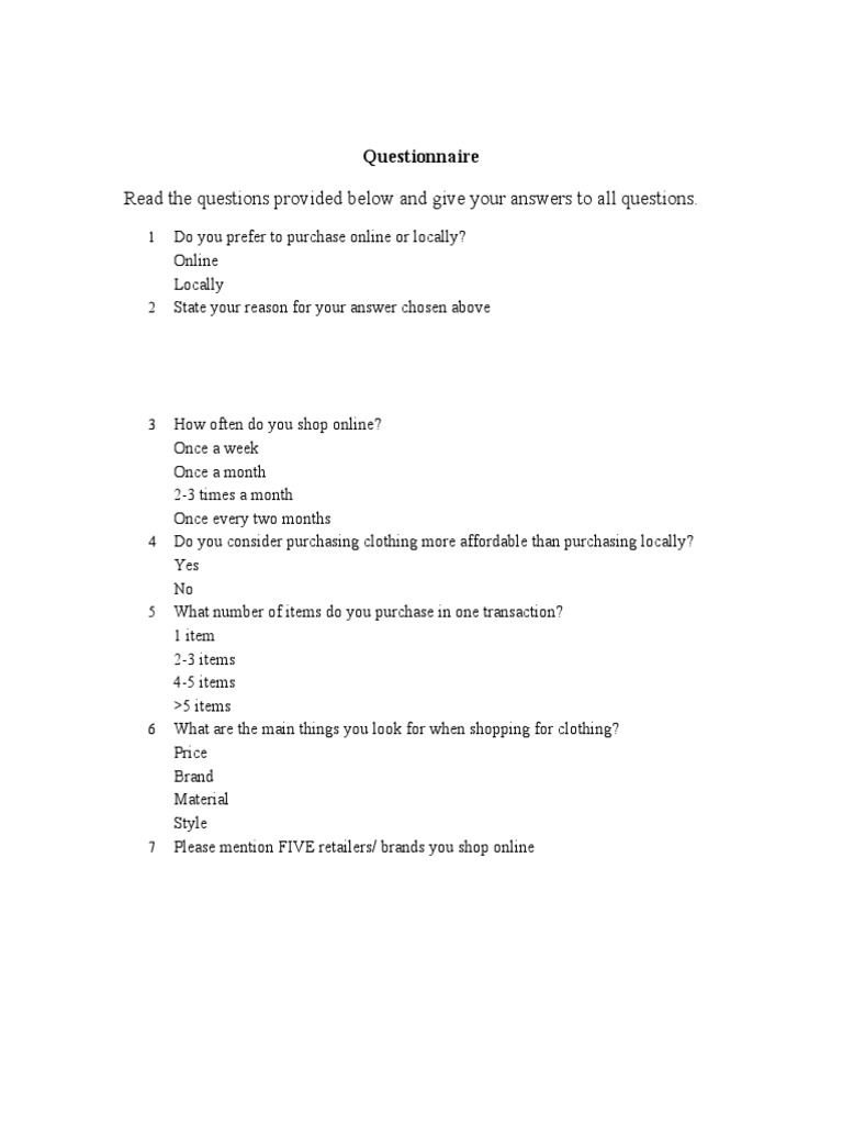 Online Shopping Preferences Questionnaire | PDF