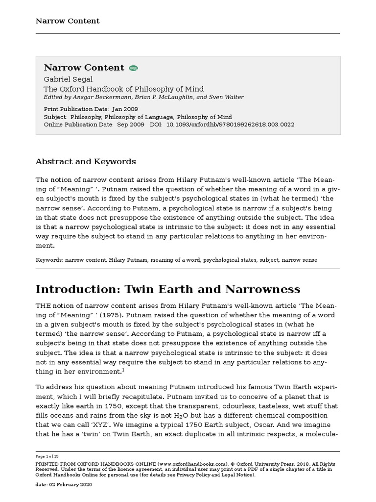 Notion of Narrow Content | PDF | Internalism And Externalism | Concept