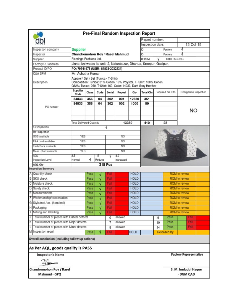Pre-Final Random Inspection Report: Supplier | PDF | Textiles | Clothing