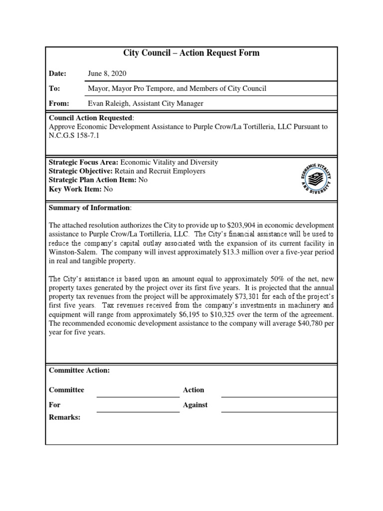 Winston-Salem City Council - Action Request Form - Purple Crow Incentives | Economic Development ...