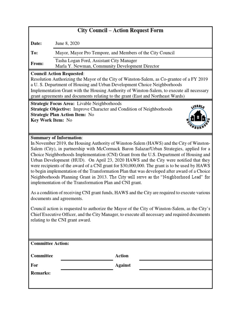 Winston-Salem City Council Action Request Form-Choice Neighborhoods Implementation | PDF ...