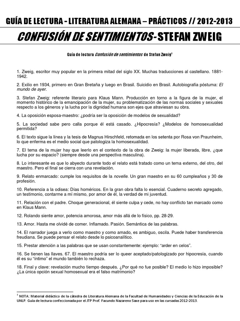 GUÍA DE LECTURA - Confusión de Sentimientos | PDF | Stefan Zweig | Amor