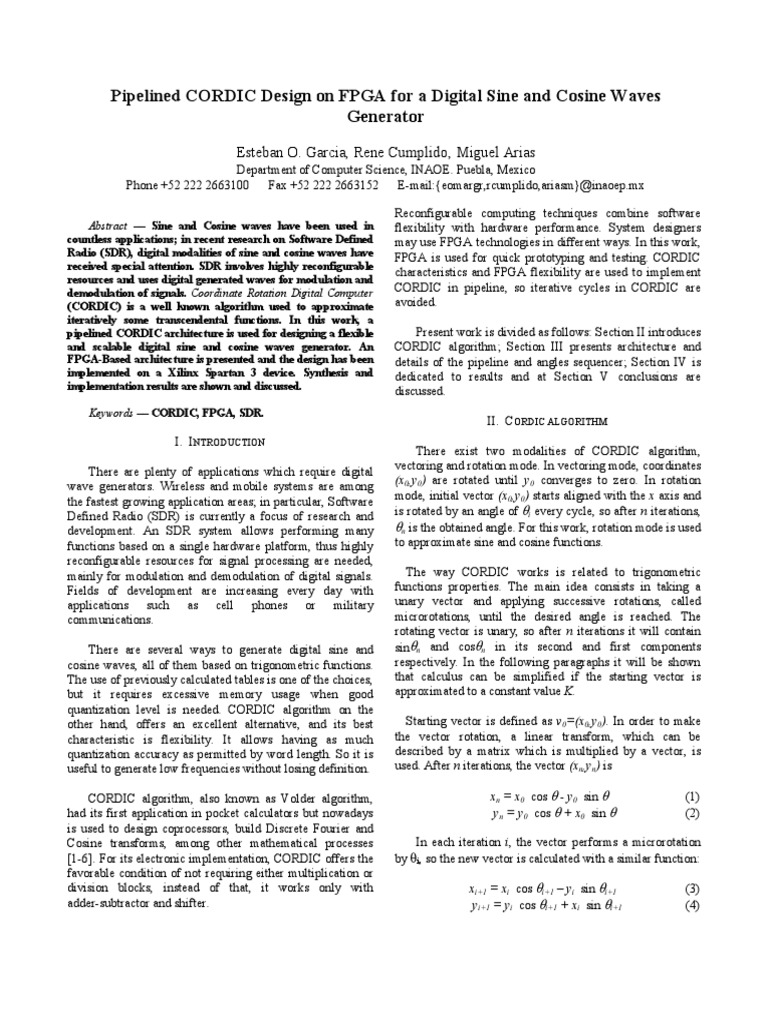 Pipelined CORDIC Design On FPGA For A Digital Sine and Cosine Waves Generator | PDF | Software ...