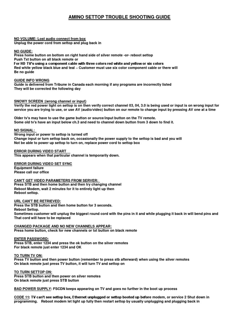 Troubleshooting Guide For Amino Settop 2016 | PDF | Set Top Box | Booting