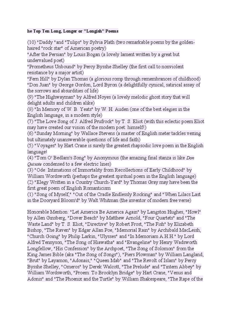 He Top Ten Long, Longer or "Longish" Poems: Don Quixote | PDF | Poetry ...