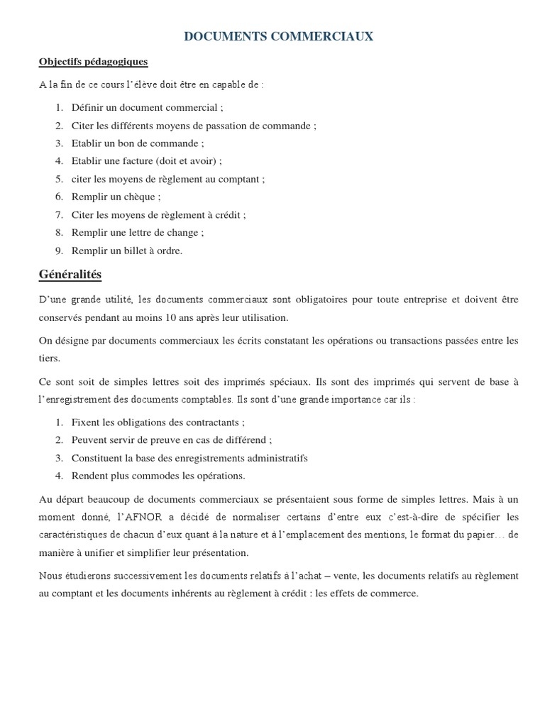 Cours - Les Documents Commerciaux | PDF | Chèque | Facture