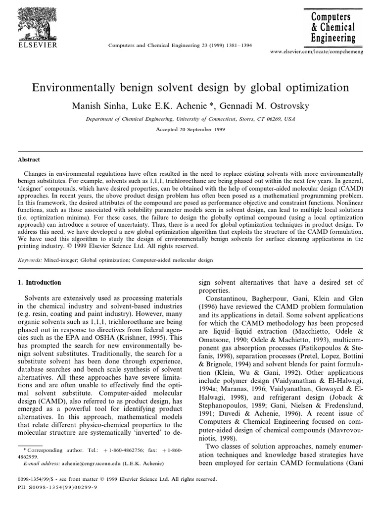 Environmentally Benign Solvent Design by Global Optimization | PDF | Mathematical Optimization ...