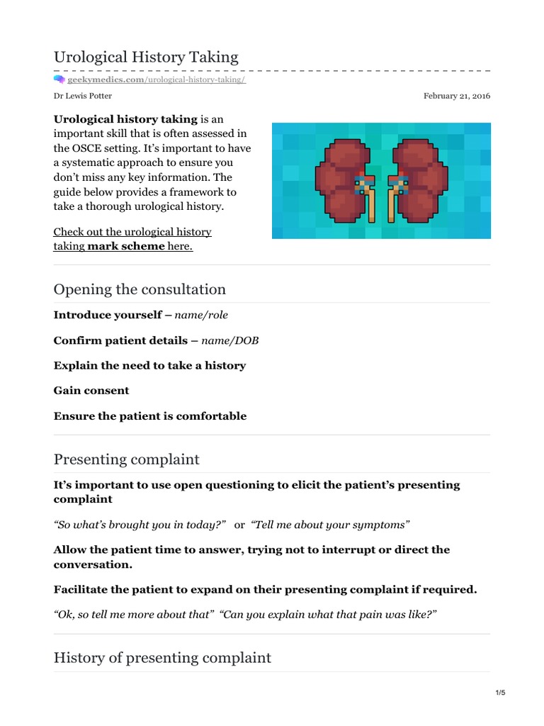 Urological History Taking Guide | PDF | Urinary Tract Infection ...