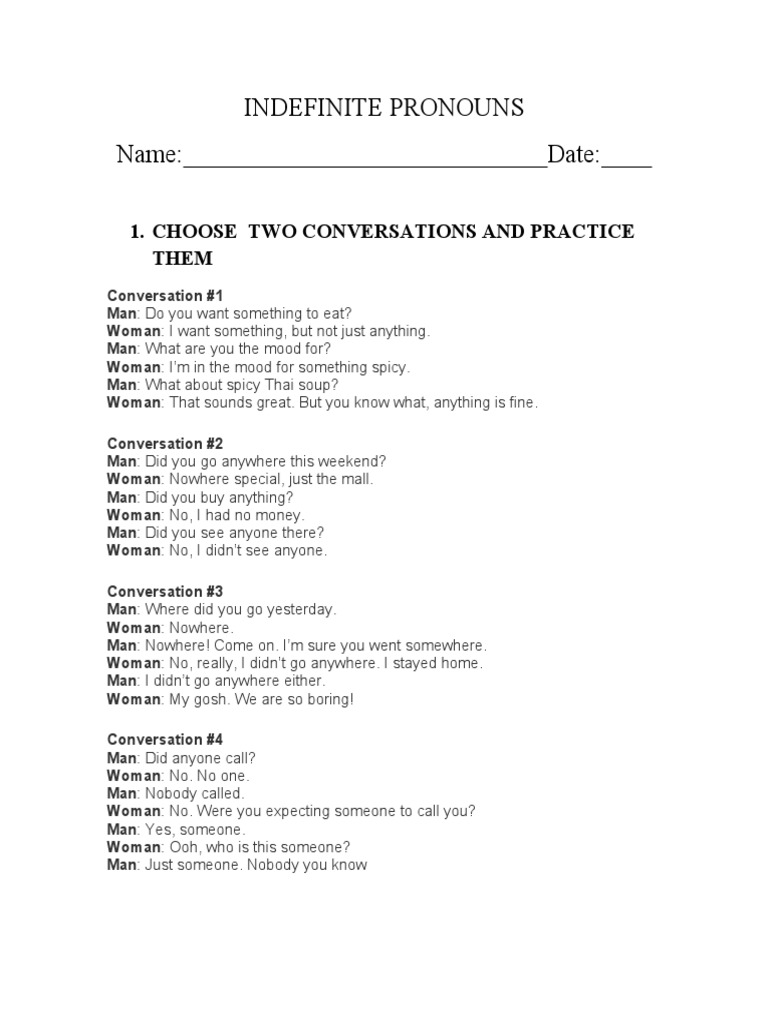 Indefinite Pronouns Dialogue Practice | PDF