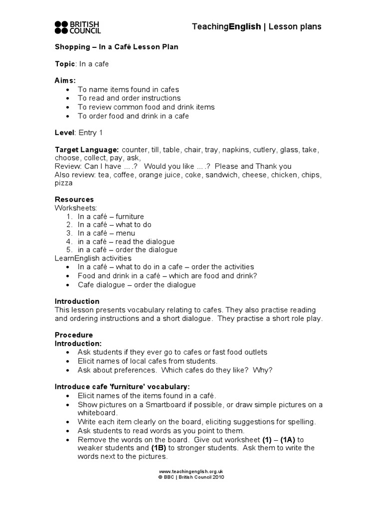 Shopping - in A Café Lesson Plan Topic: in A Cafe Aims | PDF ...