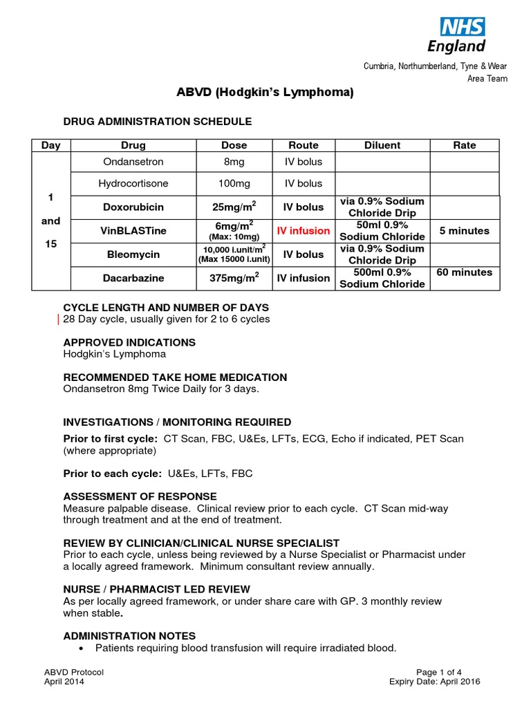 ABVD Hodgkin's Lymphoma Protocol | PDF | Intravenous Therapy | Medical ...