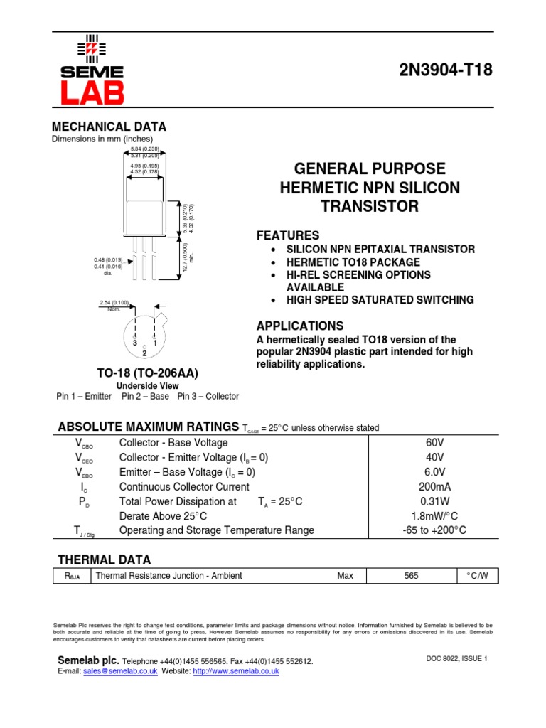 2N3904 NPN Transistor Datasheet | PDF | Bipolar Junction Transistor ...