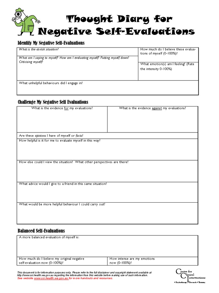 Thought Diary For Negative Self-Evaluations | PDF