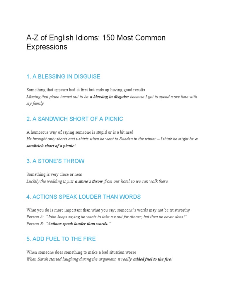 A-Z of English Idioms: 150 Most Common Expressions: 1. A Blessing in ...