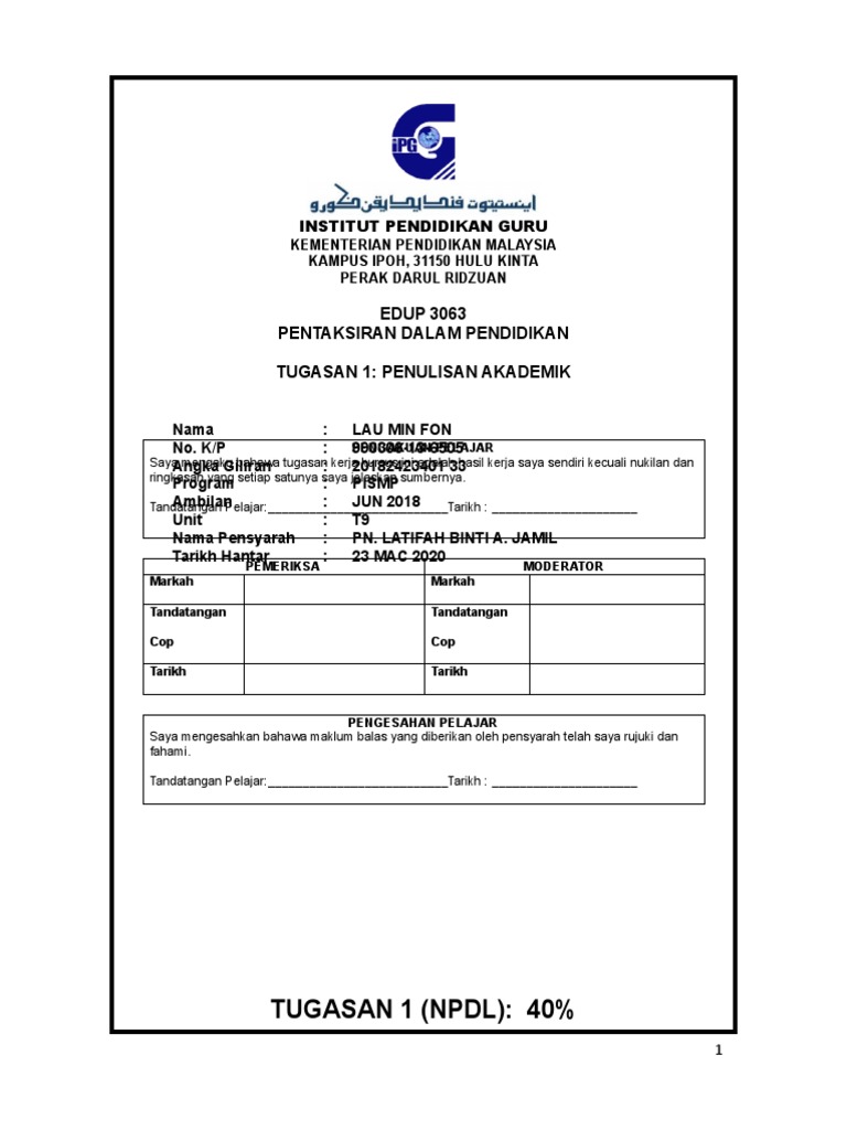 Tugasan 1 (NPDL) : 40%: EDUP 3063 Pentaksiran Dalam Pendidikan Tugasan 1: Penulisan Akademik | PDF