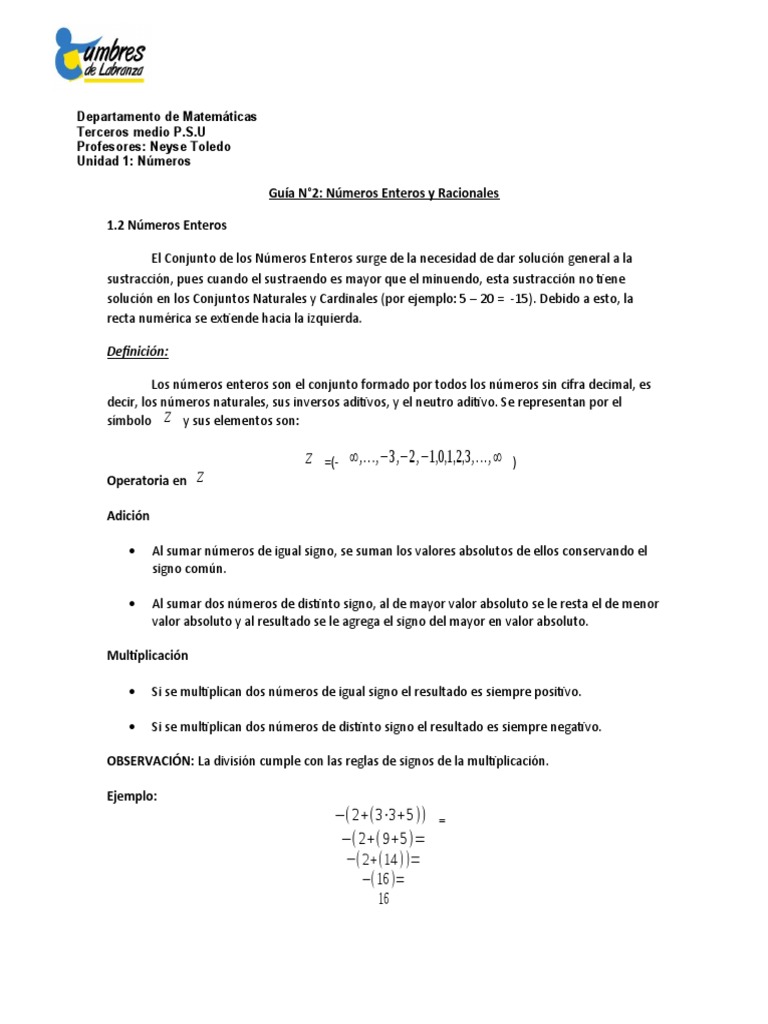 guía n°2 números enteros y racionales | PDF | Entero | Sustracción