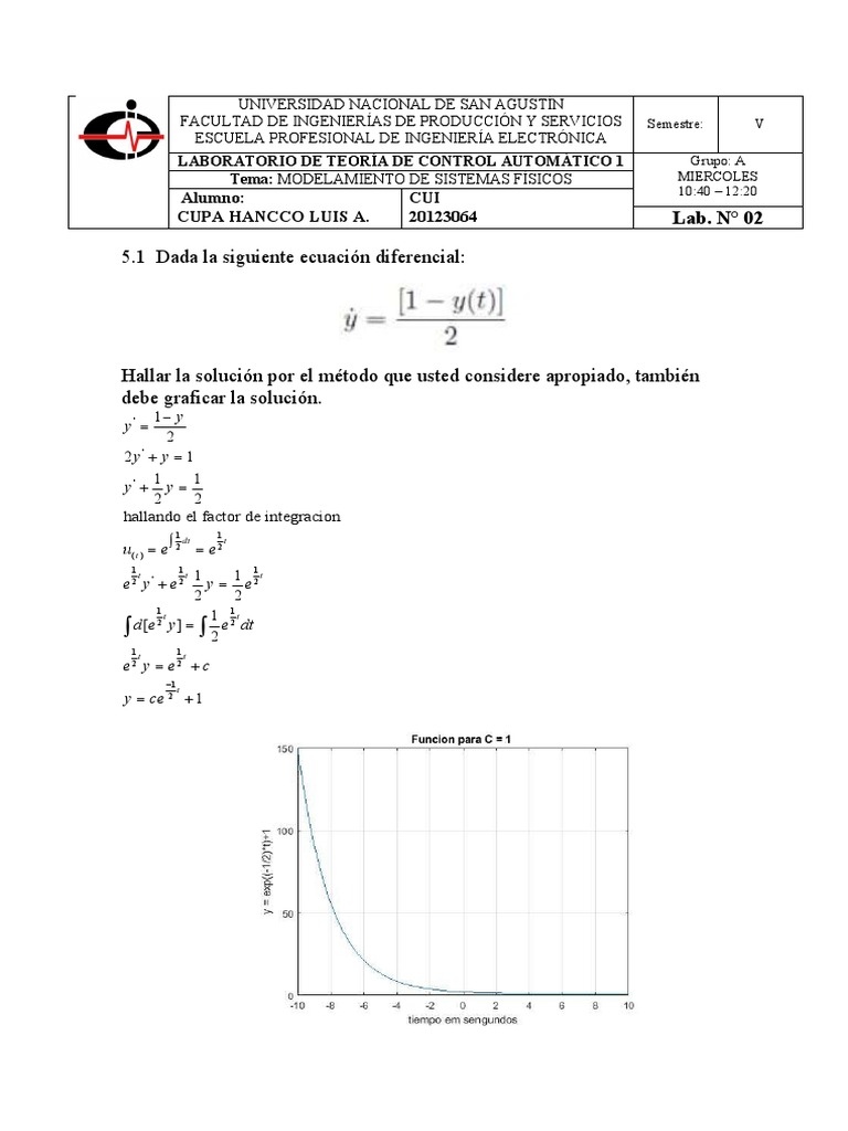 Lab 2 Teoria de Control A. 1 | PDF | Ecuaciones diferenciales | Ecuaciones