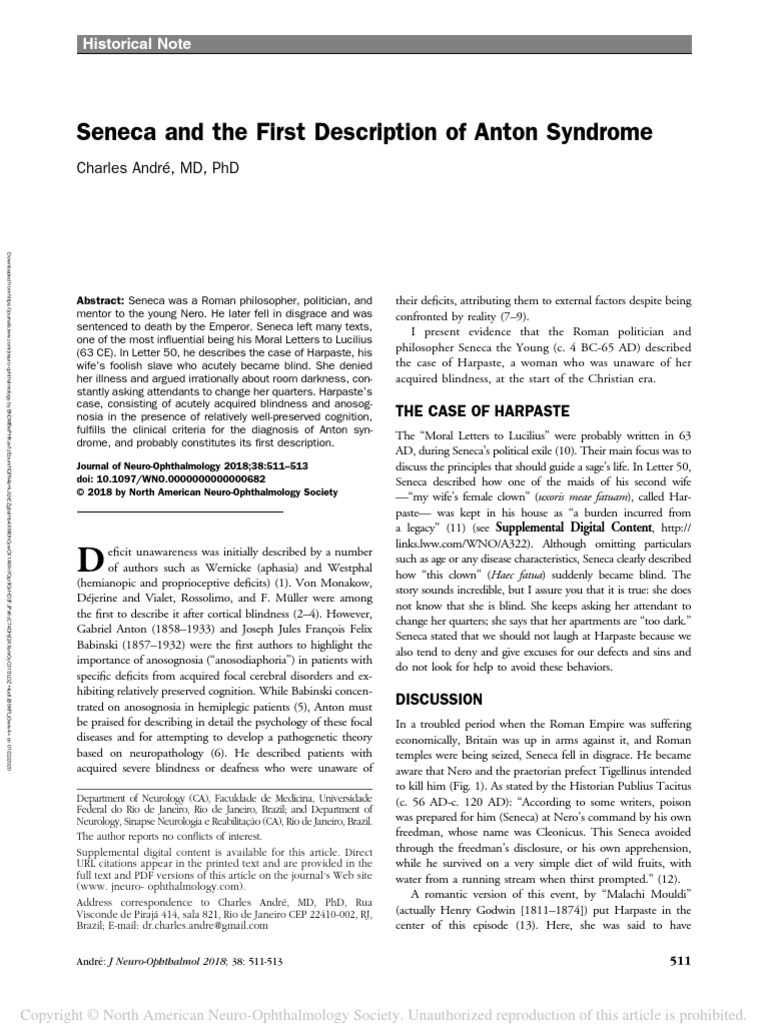 Seneca and The First Description of Anton Syndrome: Charles André, MD, PHD | PDF | Seneca The ...