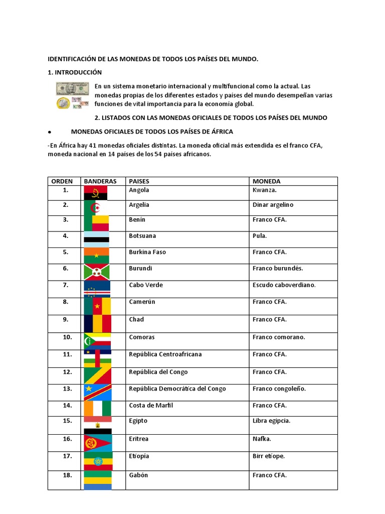 Monedas Oficiales por Países del Mundo | PDF | Euro | África