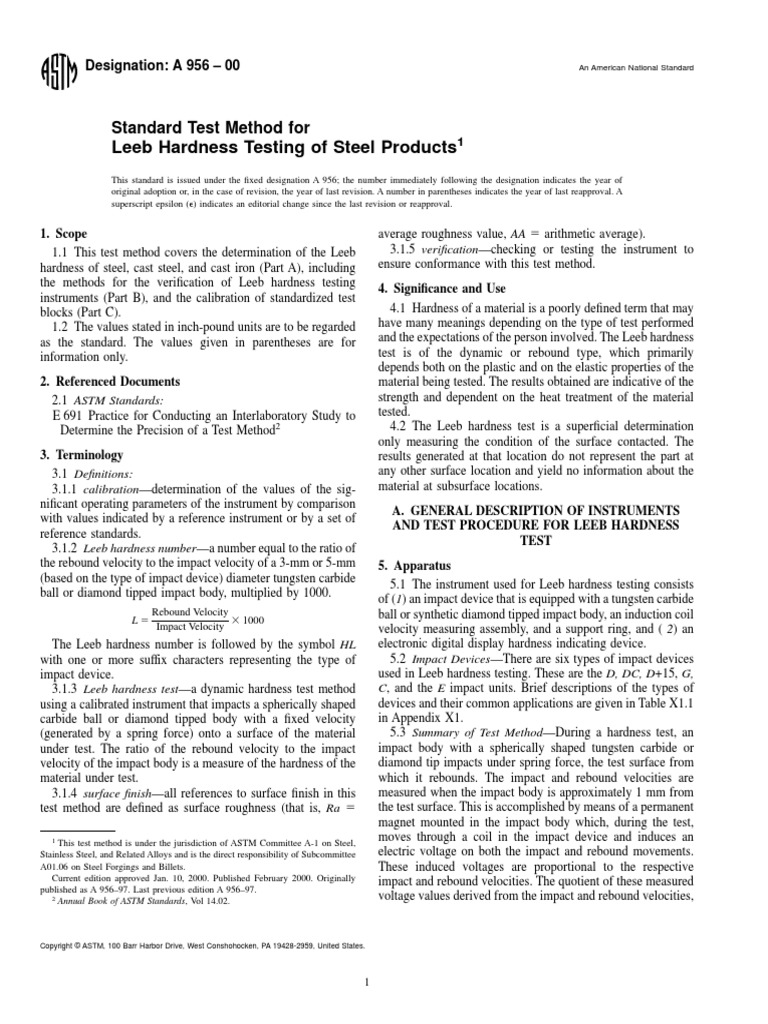 Leeb Hardness Testing of Steel Products: Standard Test Method For | PDF ...