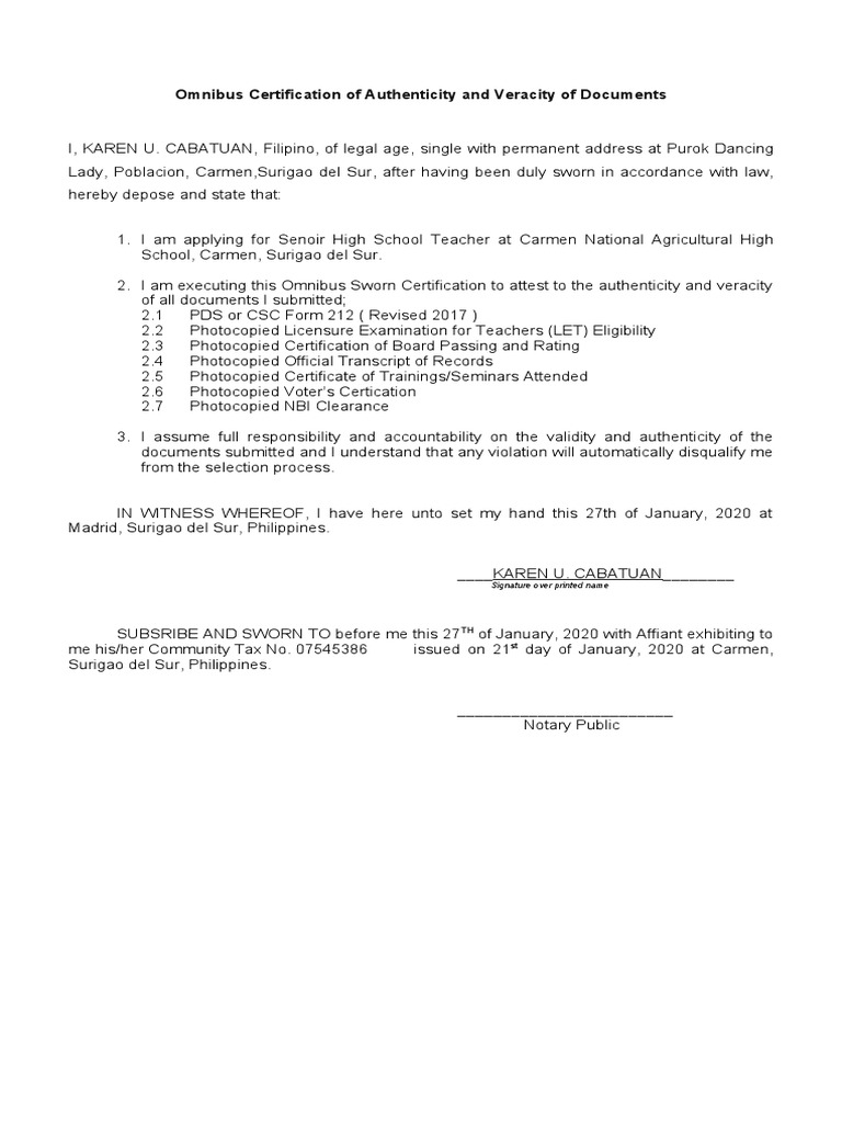 Omnibus Certification for Teacher Application | PDF | Law