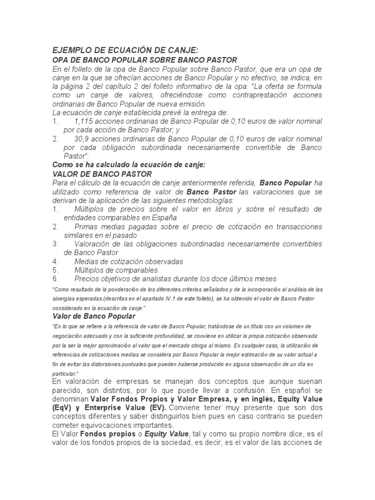 Ejemplo de Ecuación de Canje | PDF | Compartir (Finanzas) | Deuda