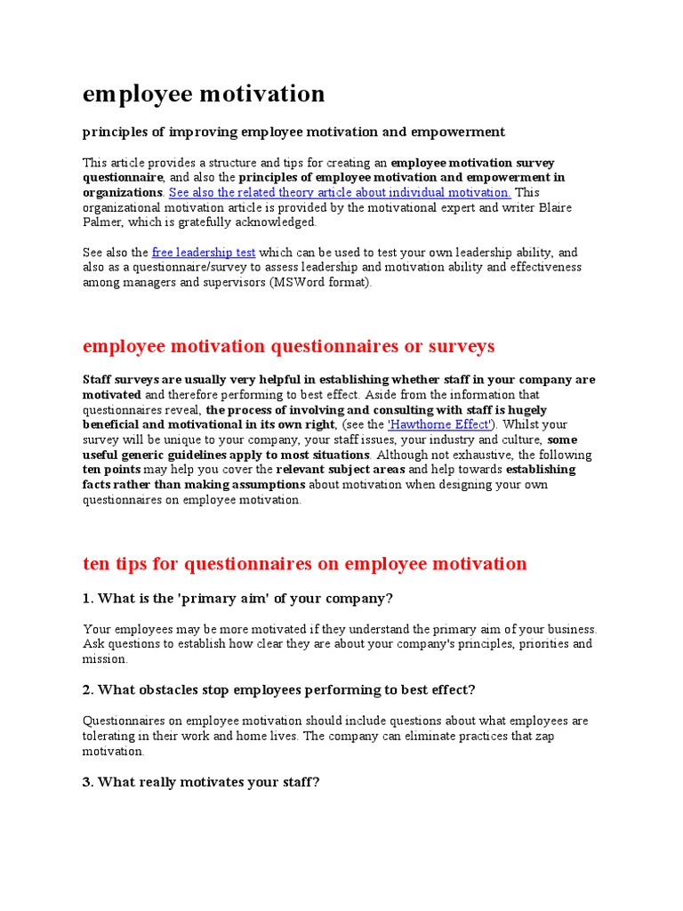 Employee Motivation Questionaries | PDF | Motivational | Motivation