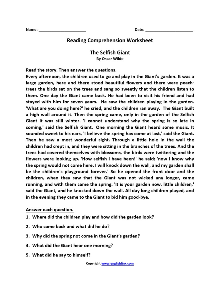 Reading Comprehension Worksheet The Selfish Giant | PDF