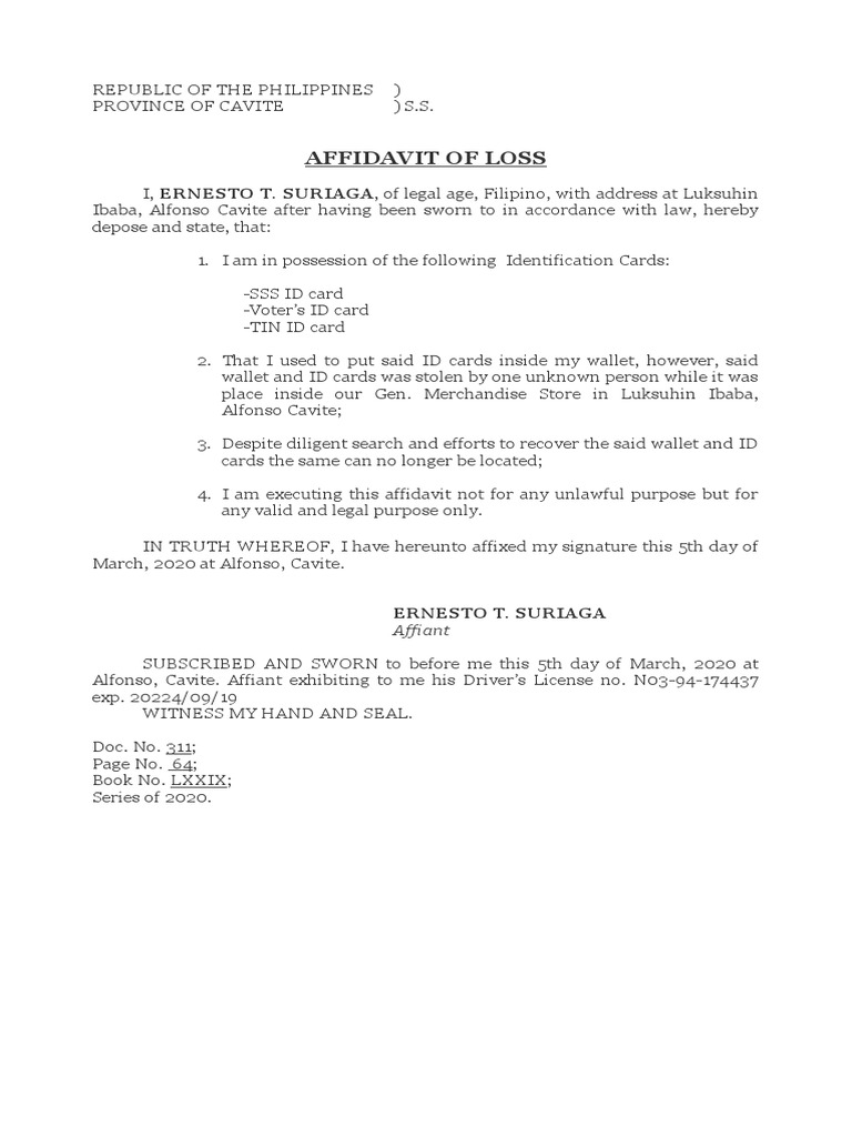 AFFIDAVIT OF LOSS Stolen ID CARD | PDF