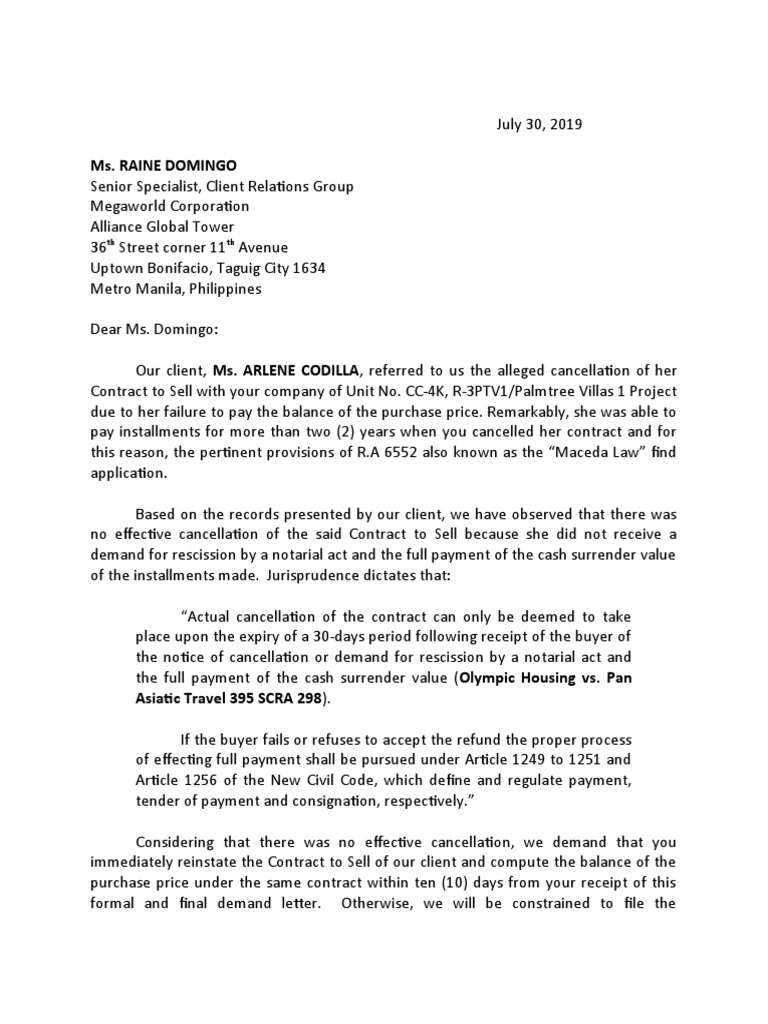 Demand Letter Contract To Sell Final | PDF | Virtue | Business Law