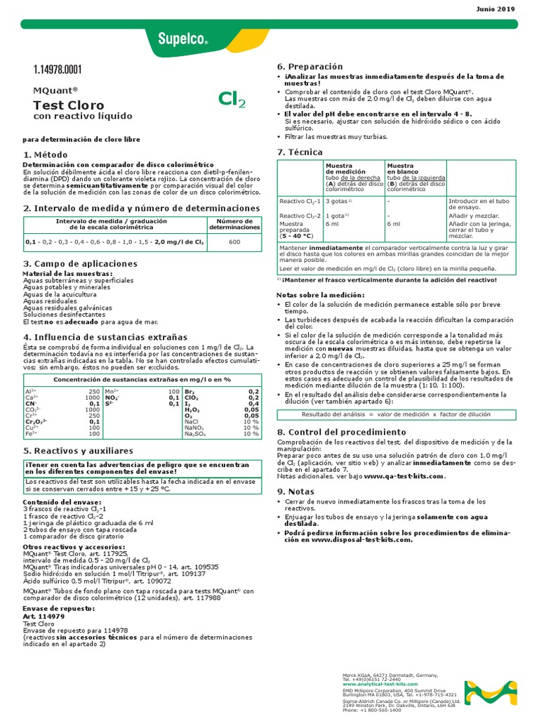 Test Cloro: Mquant Con Reactivo Líquido | PDF | Cloro | Química