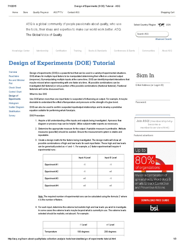 Design of Experiments (DOE) Tutorial - ASQ | PDF | Design Of Experiments | Experiment