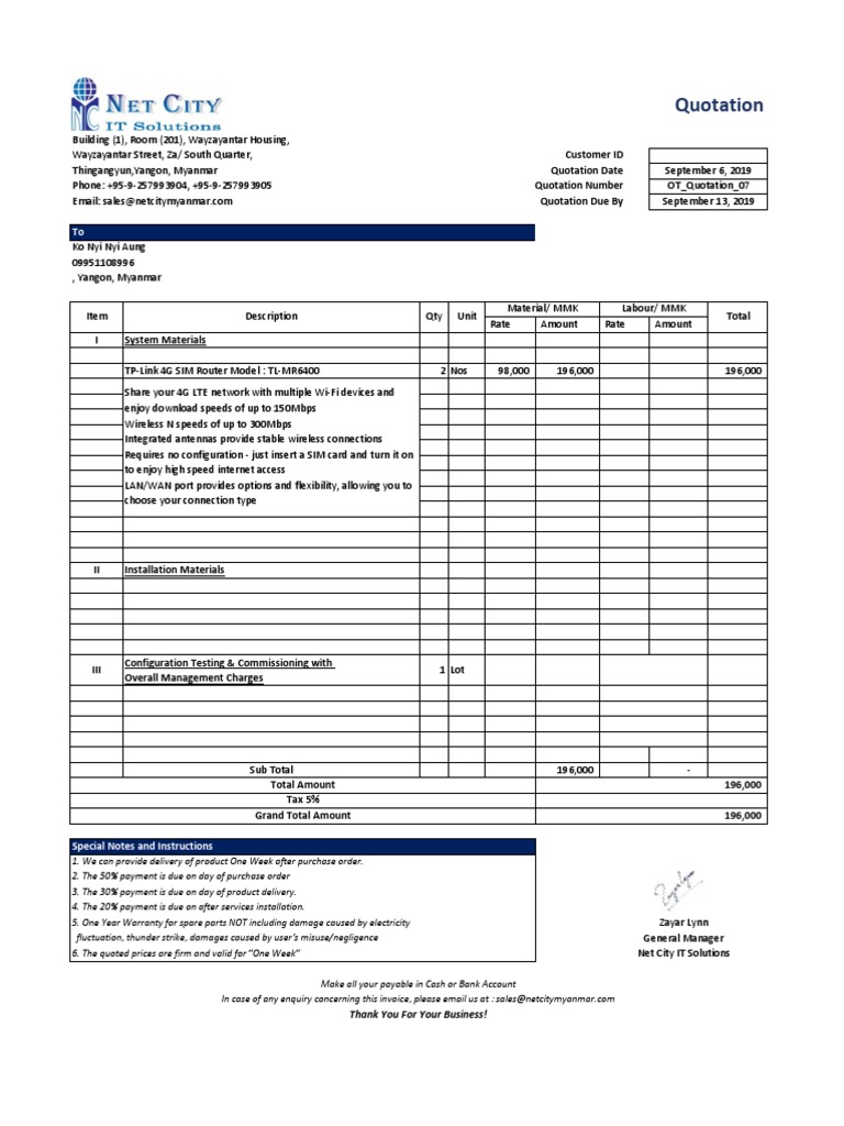 Quotation - OT - 07 - Network - D - V1.0 - 4G Sim Router | PDF | 4 G ...