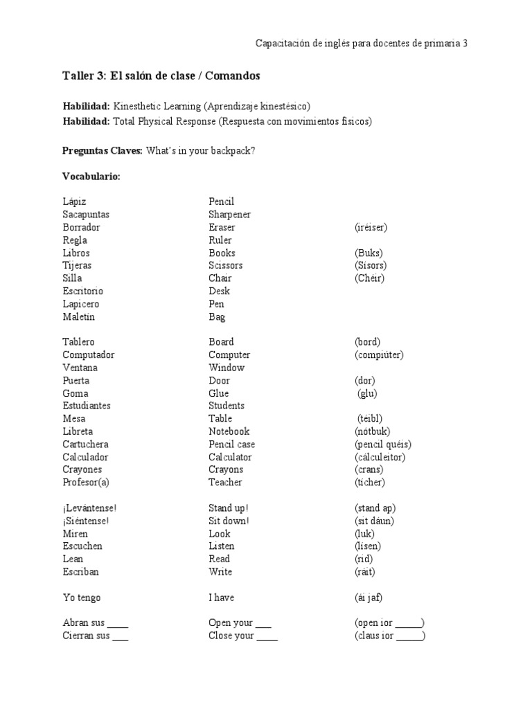 Taller - 3 - Objetos Del Salon de Clase | PDF