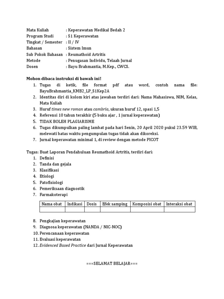 Tugas KMB 2 LP Reumatoid Artritis S1 Kep TK2 | PDF | Sains & Matematika